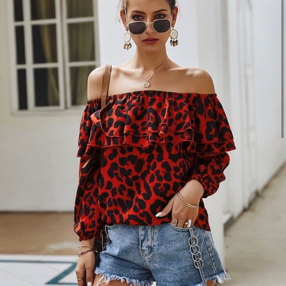 Tops | New Red Leopard Ruffle Off Shoulder Top | Poshmark
